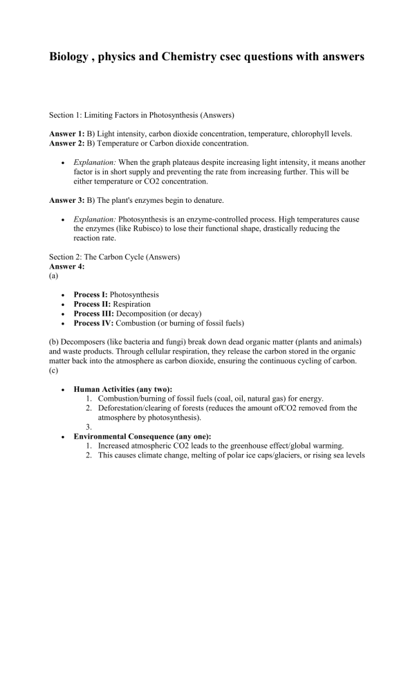 CSEC Biology, Physics, Chemistry Questions & Answers