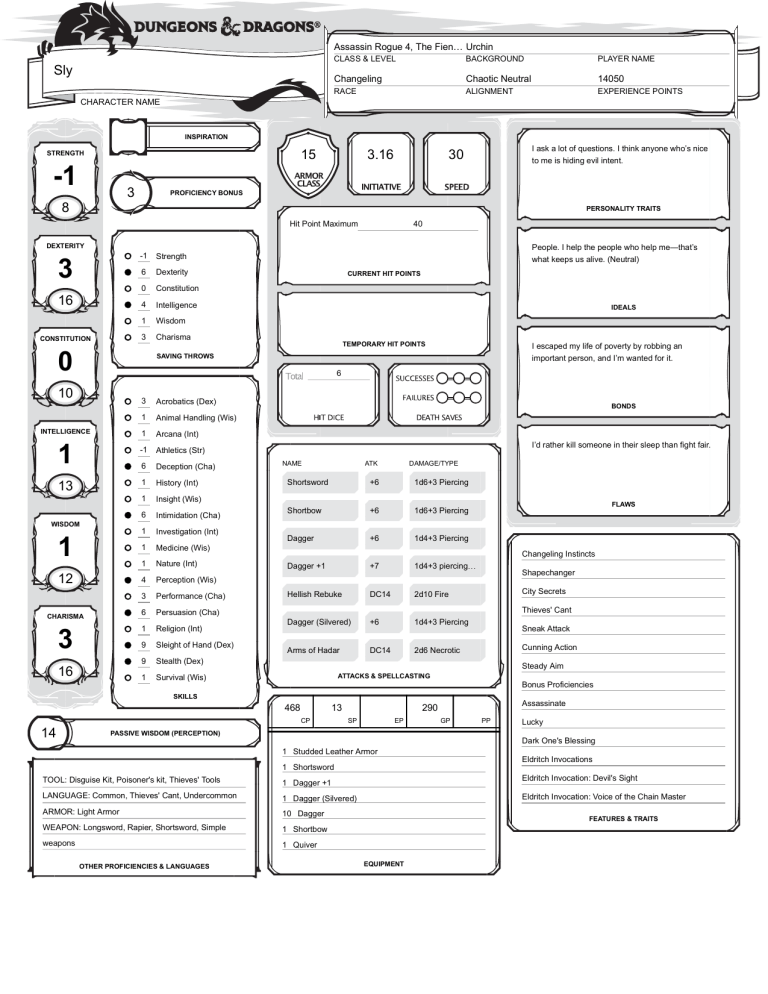 D&D Assassin Rogue 4 Character Sheet: Sly the Changeling