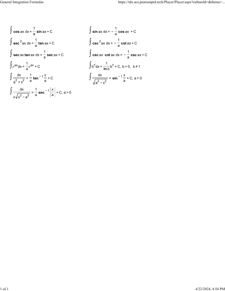 General Integration Formulas