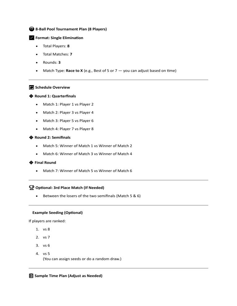 8-Ball Pool Tournament Plan for 8 Players