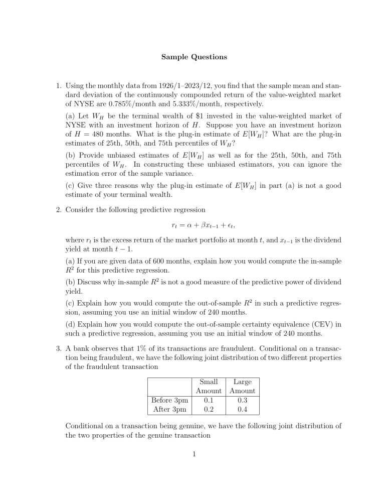 Sample Questions: Finance & Econometrics Problems