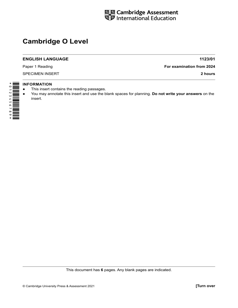 Cambridge O Level English Language Paper 1 Reading Specimen Insert