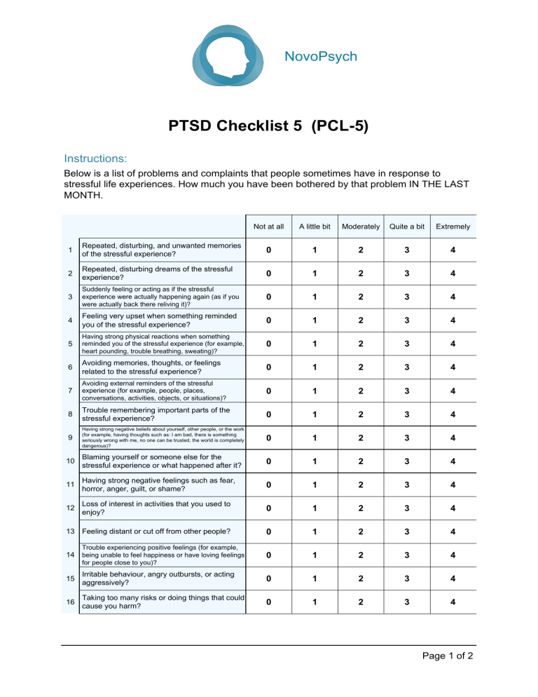 PTSD Checklist 5 (PCL-5) - NovoPsych