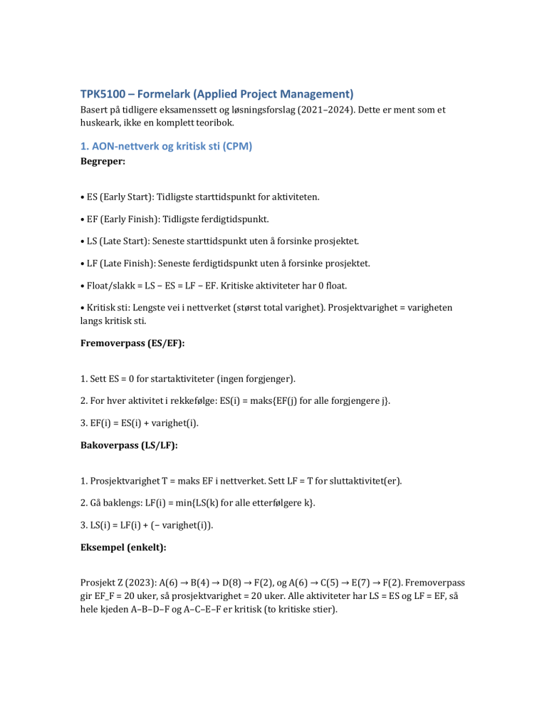 TPK5100 Formelark: Anvendt Prosjektledelse