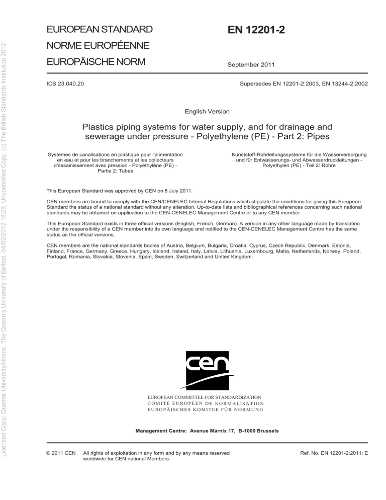 EN 12201-2: Polyethylene Pipes for Water Supply & Drainage
