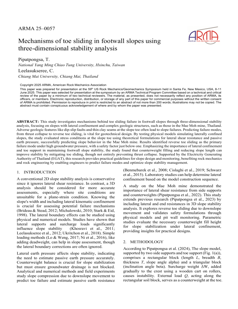 Toe Sliding Mechanisms in Footwall Slopes: 3D Stability Analysis