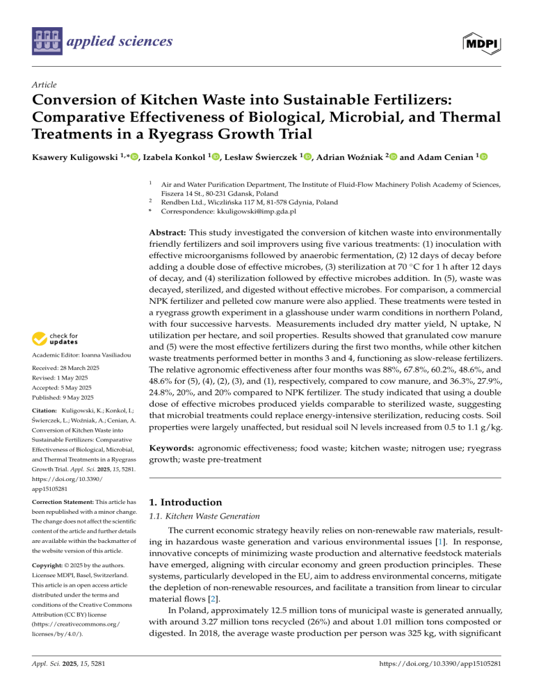 Kitchen Waste to Sustainable Fertilizers: Ryegrass Growth Trial