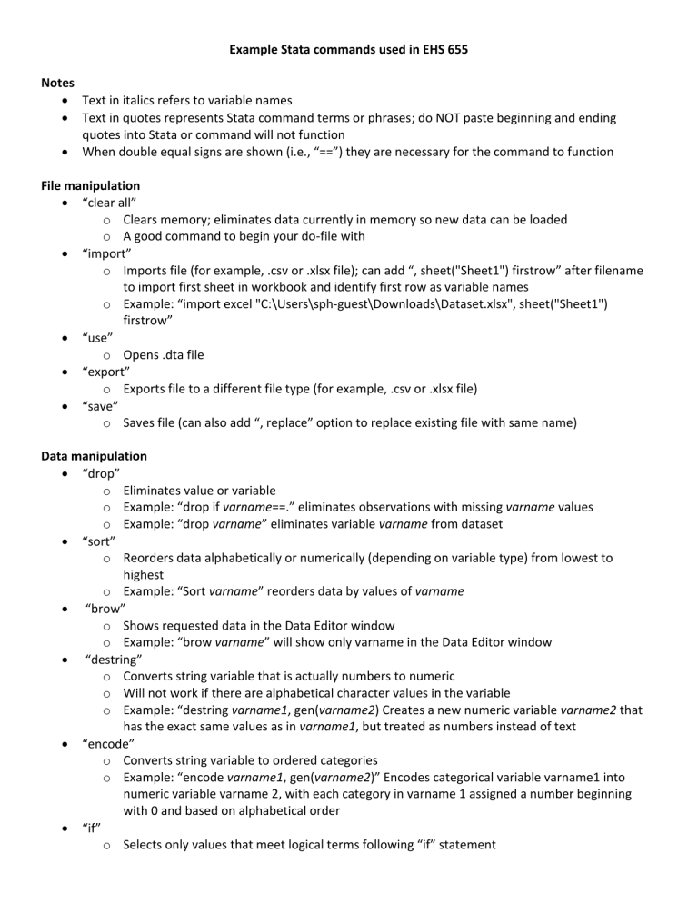 Example Stata Commands for EHS 655