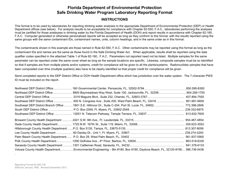 Florida DEP Safe Drinking Water Lab Reporting Format