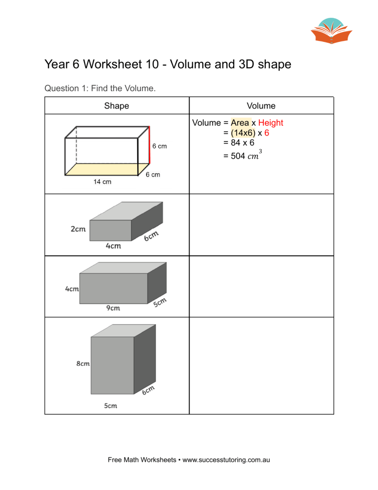Year 6 Math Worksheet: Volume & 3D Shapes