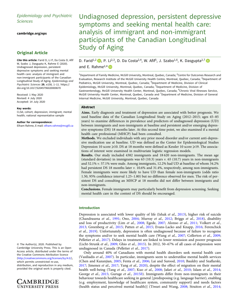 Undiagnosed Depression in Immigrants: Canadian Study