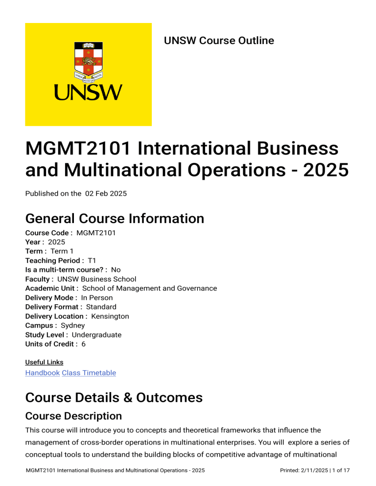 UNSW MGMT2101 2025 Course Outline: International Business