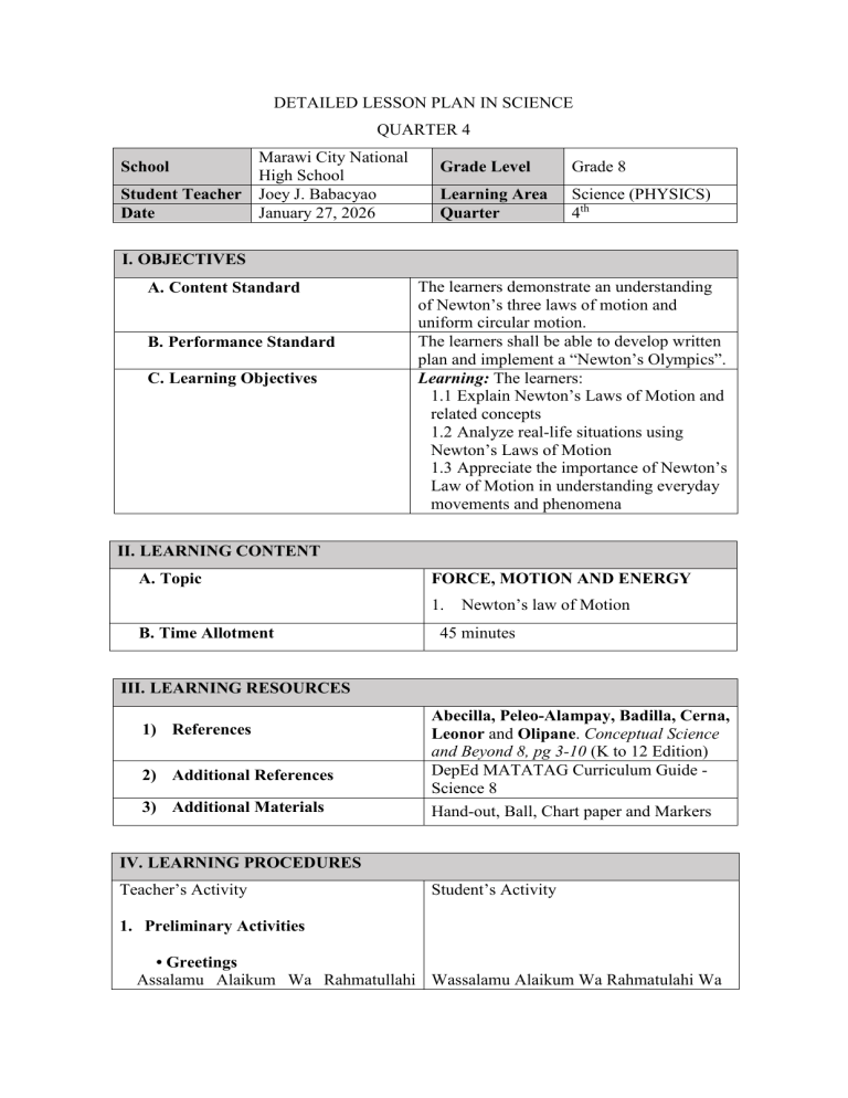 Grade 8 Physics Lesson Plan: Newton's Laws & Work Energy