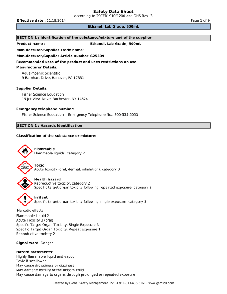 Ethanol Lab Grade SDS Safety Data Sheet