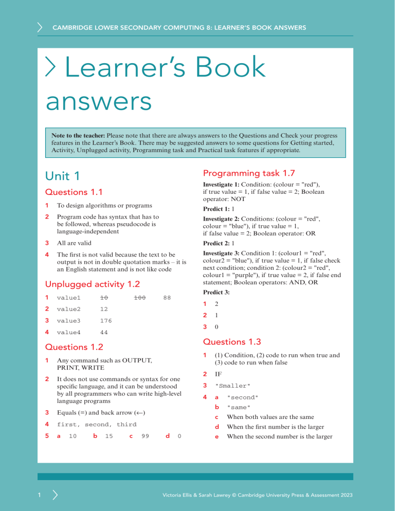 Cambridge Lower Secondary Computing 8 Learner's Book Answers