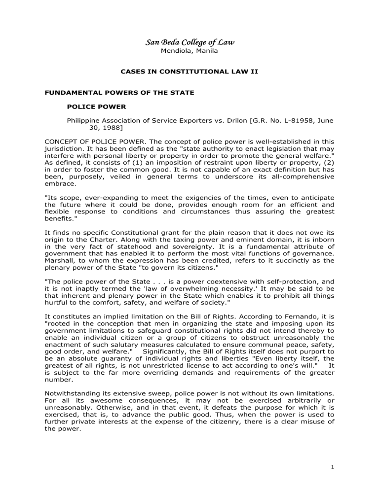 Cases in Constitutional Law II: Police Power Cases