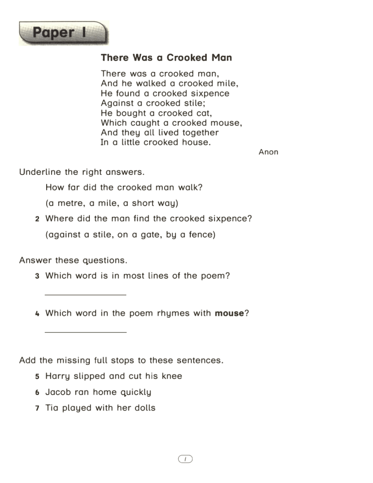 There Was a Crooked Man Poem Worksheet