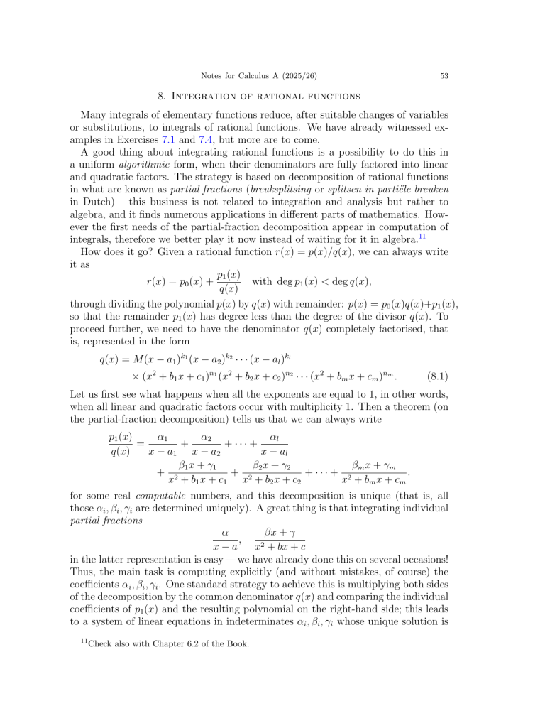 Integration of Rational Functions: Calculus A Notes