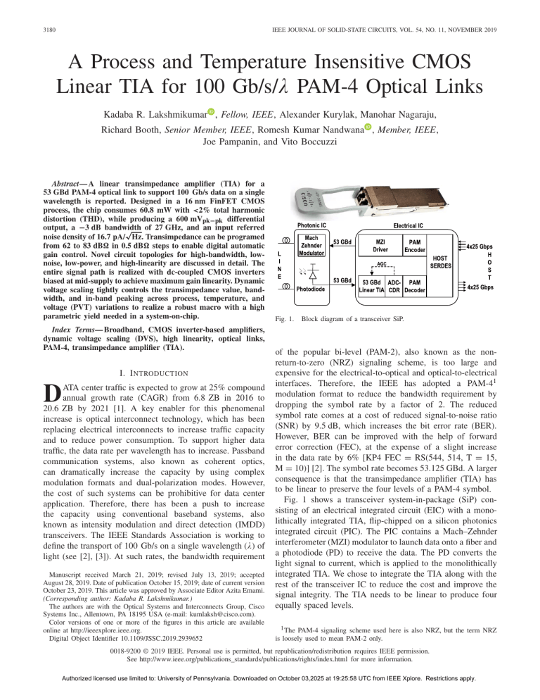 CMOS Linear TIA for 100 Gb/s PAM-4 Optical Links