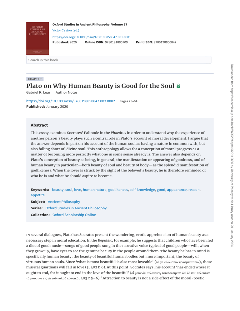 Plato on Human Beauty and the Soul: Moral Development in Ancient Philosophy