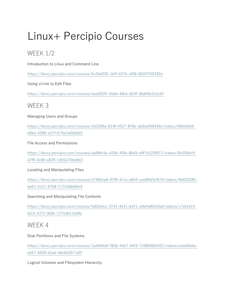 Linux+ Percipio Courses: Week-by-Week Outline