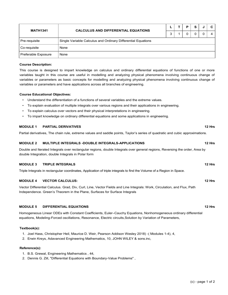 Calculus and Differential Equations Course Syllabus MATH1341
