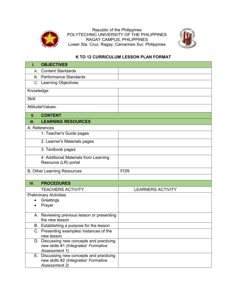 K to 12 Lesson Plan Template