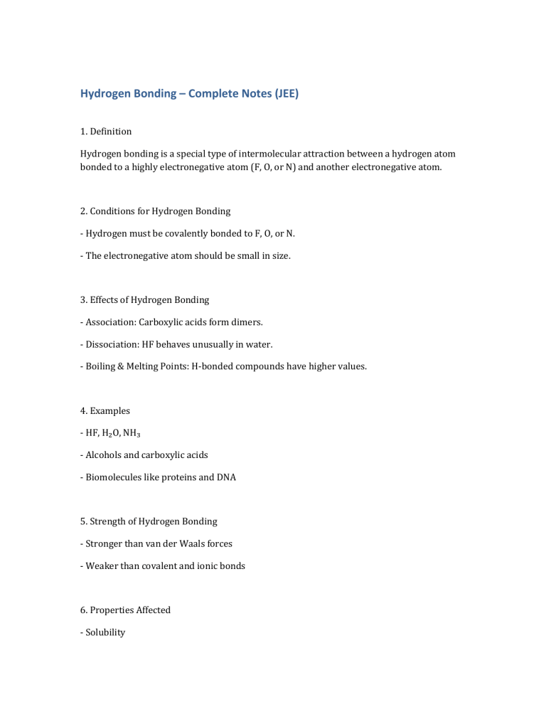 Hydrogen Bonding Notes for JEE Chemistry
