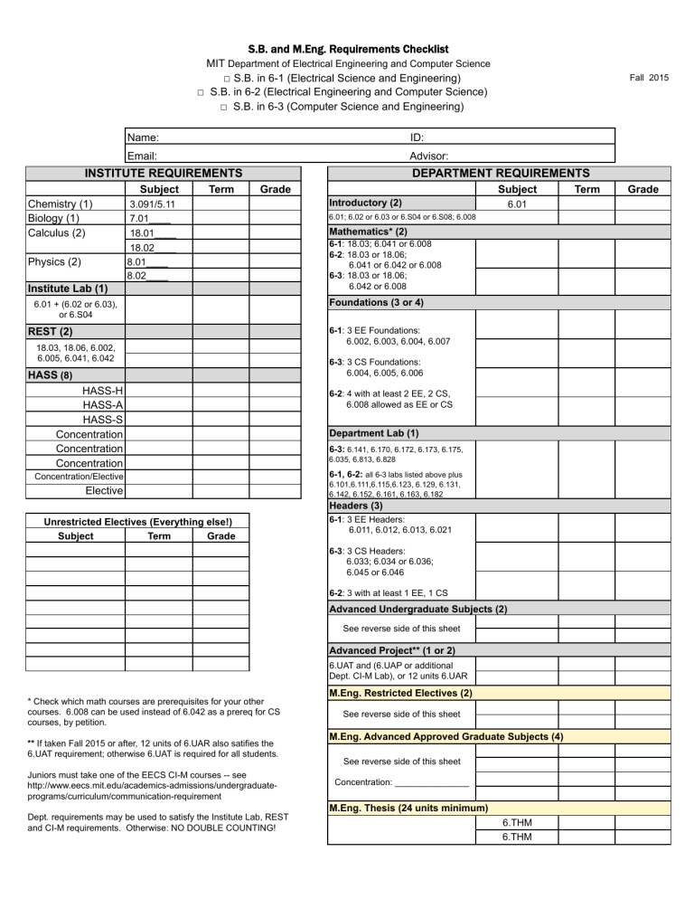 MIT EECS S.B. and M.Eng. Requirements Checklist