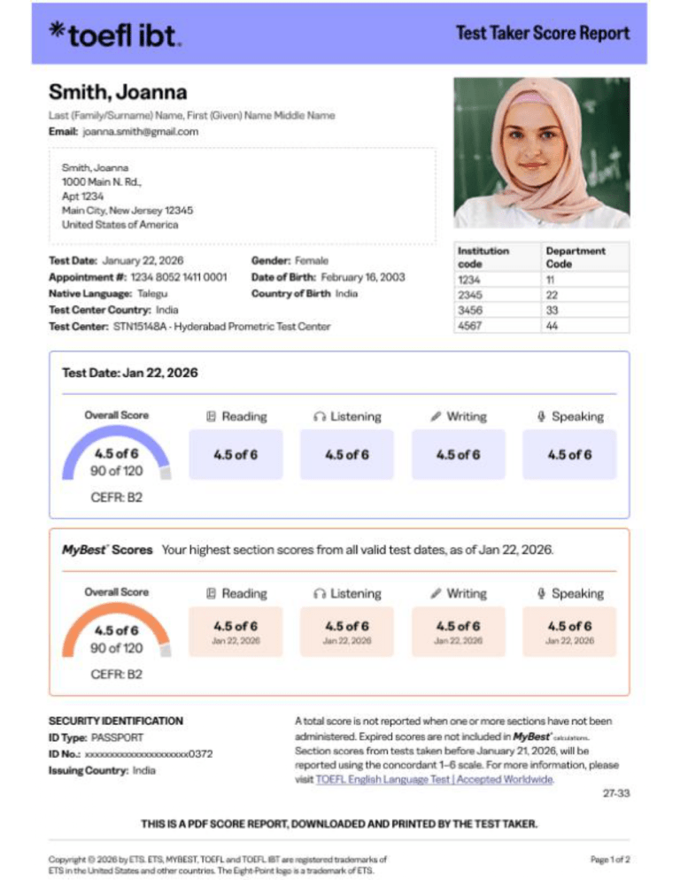 TOEFL iBT Score Report: Joanna Smith (Jan 22, 2026)
