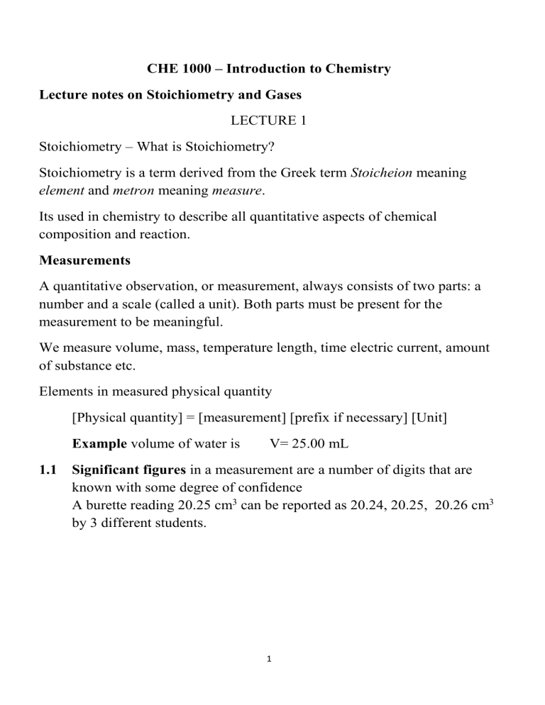 CHE 1000: Stoichiometry and Gases Lecture Notes