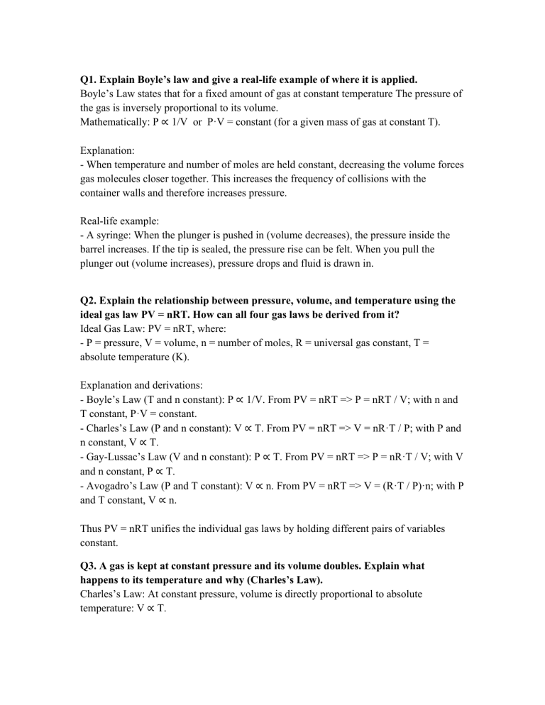 Boyle's Law & Ideal Gas Law: Questions & Explanations
