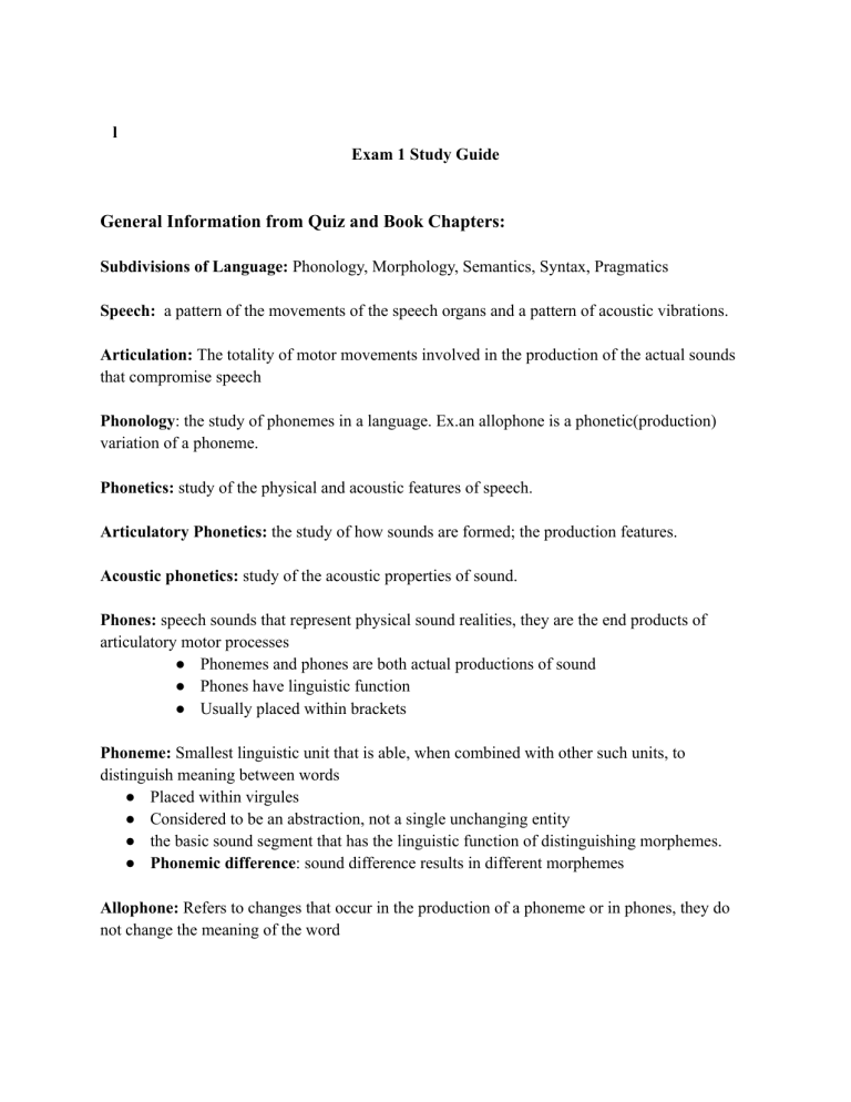 Exam 1 Study Guide: Phonology & Speech Science