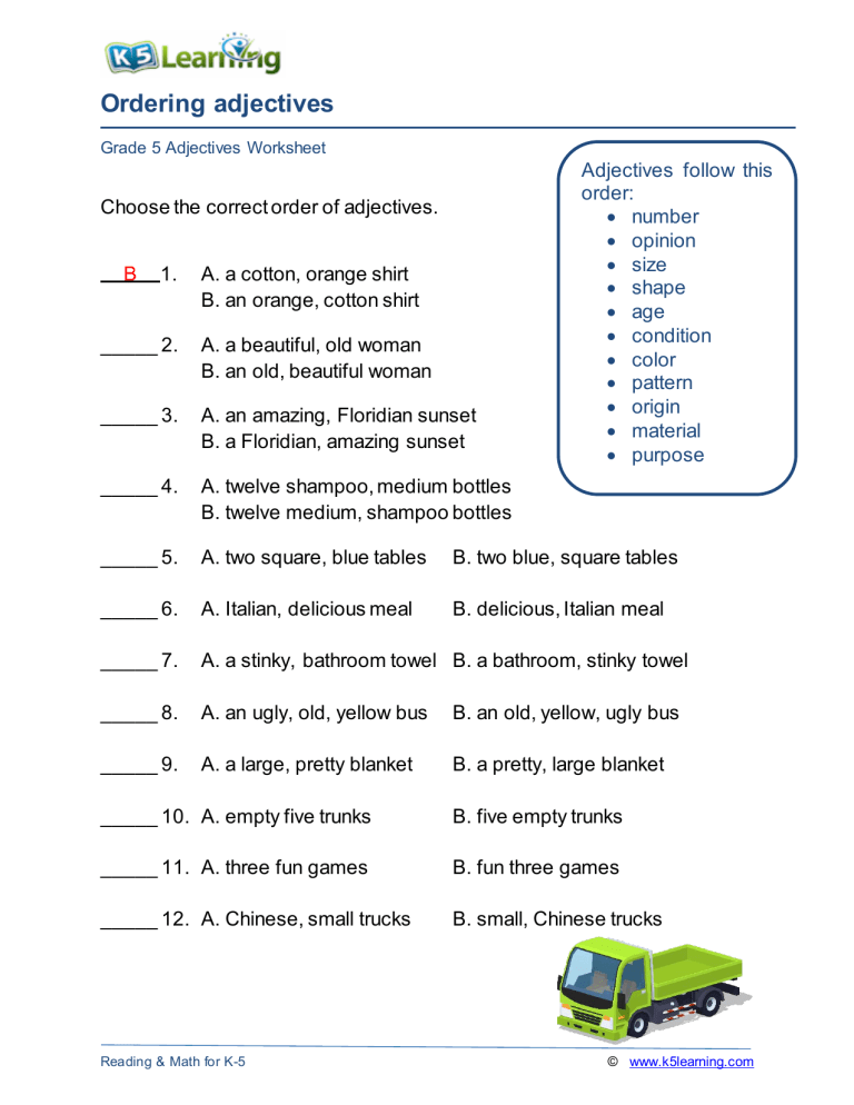 Grade 5 Adjectives Worksheet: Ordering Adjectives