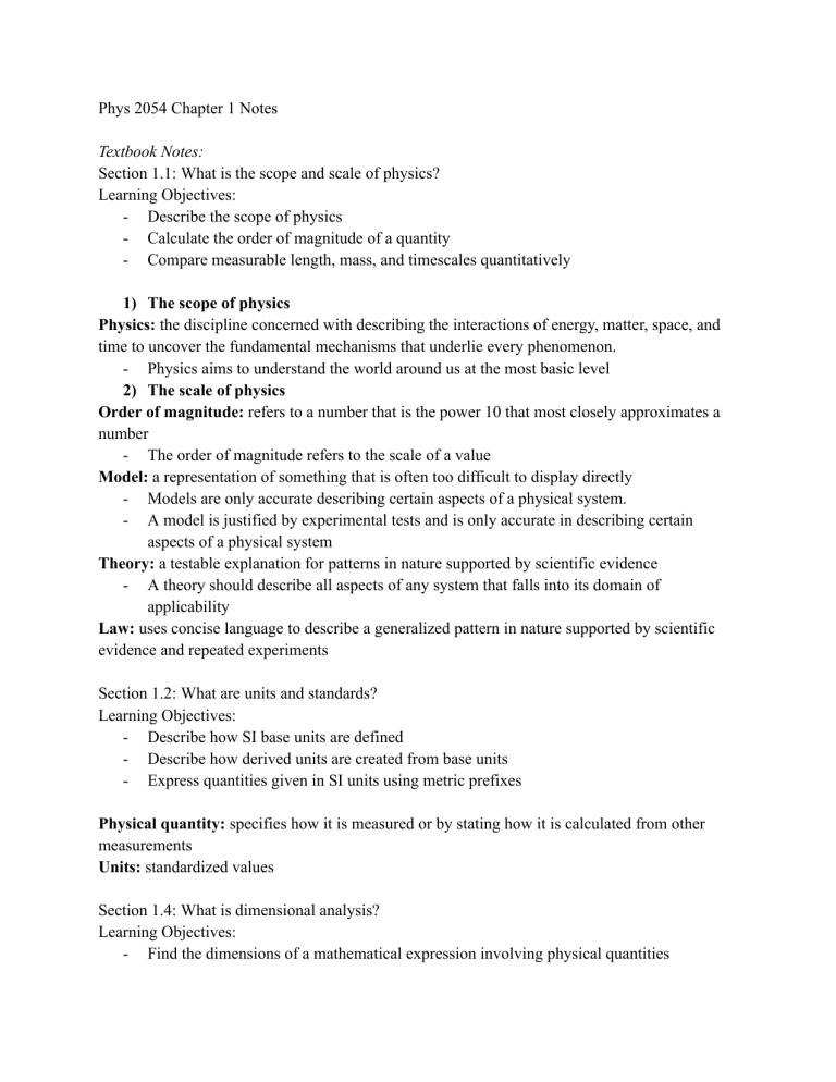 Phys 2054 Chapter 1 Notes: Physics Basics