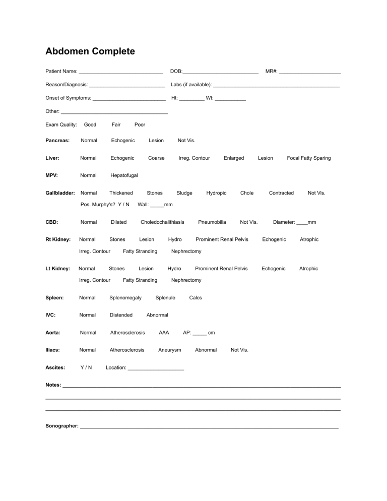 Abdominal Ultrasound Checklist Form