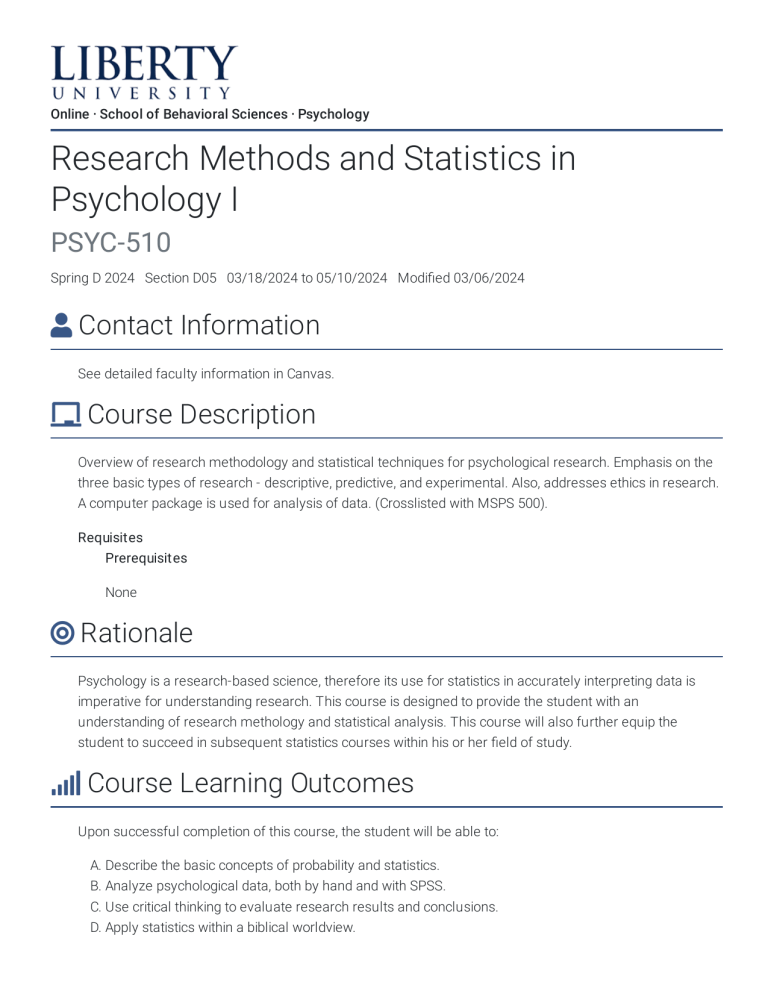 Liberty University PSYC-510 Syllabus: Research Methods & Statistics in ...
