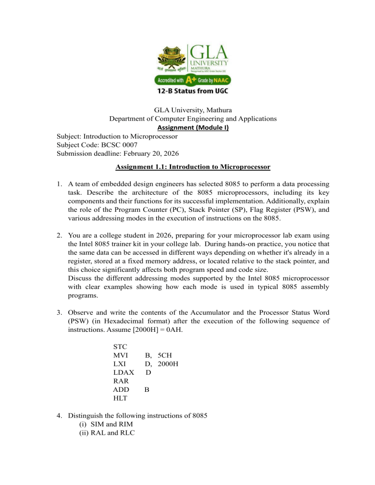 GLA University 8085 Microprocessor Assignment Module I