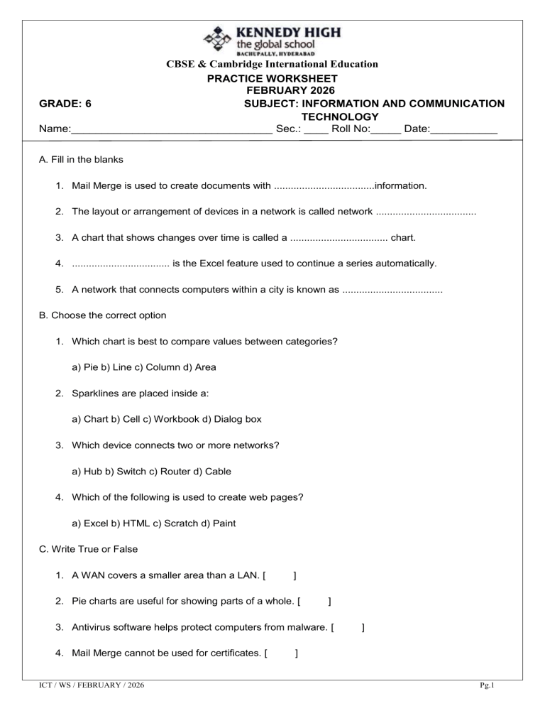 Grade 6 ICT Practice Worksheet February 2026