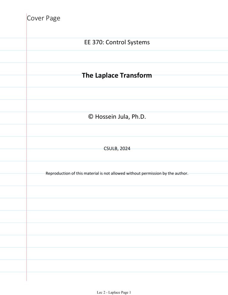 EE 370 Control Systems: Laplace Transform Lecture Notes