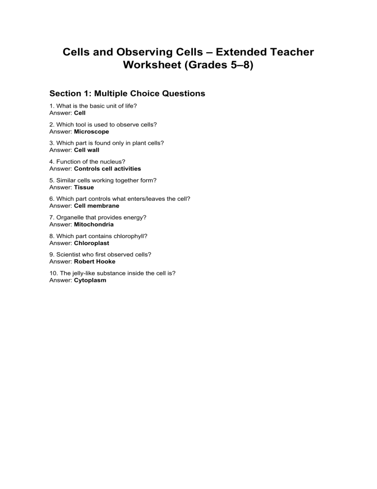 Cells and Observing Cells Worksheet (Grades 5-8)