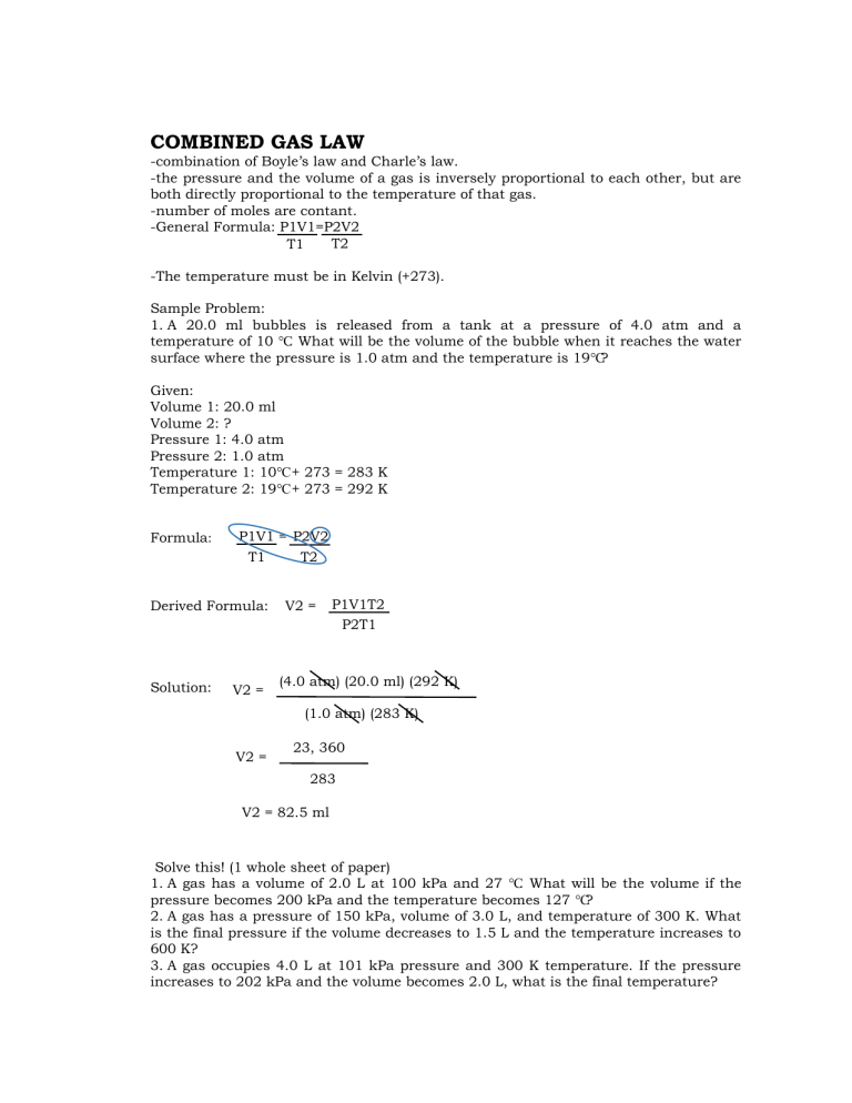Combined Gas Law: Formulas & Practice Problems