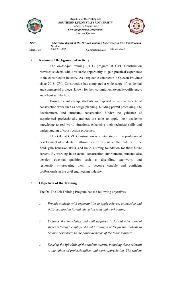 OJT Experience Report: CVL Construction