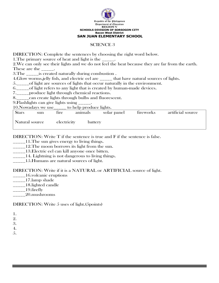 Science 3 Worksheet: Light Sources and Uses