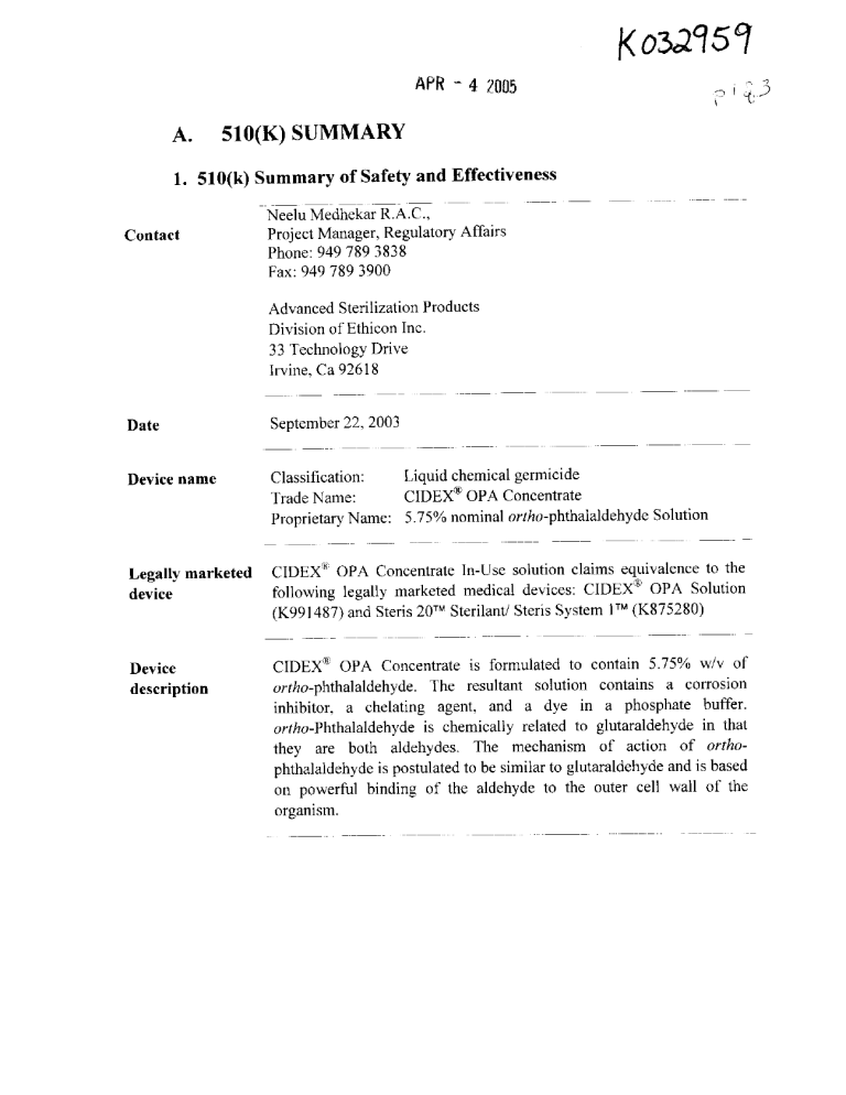 CIDEX OPA Concentrate 510(k) Summary & FDA Approval