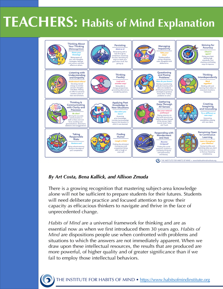 Habits of Mind for Teachers: Explanation & Strategies