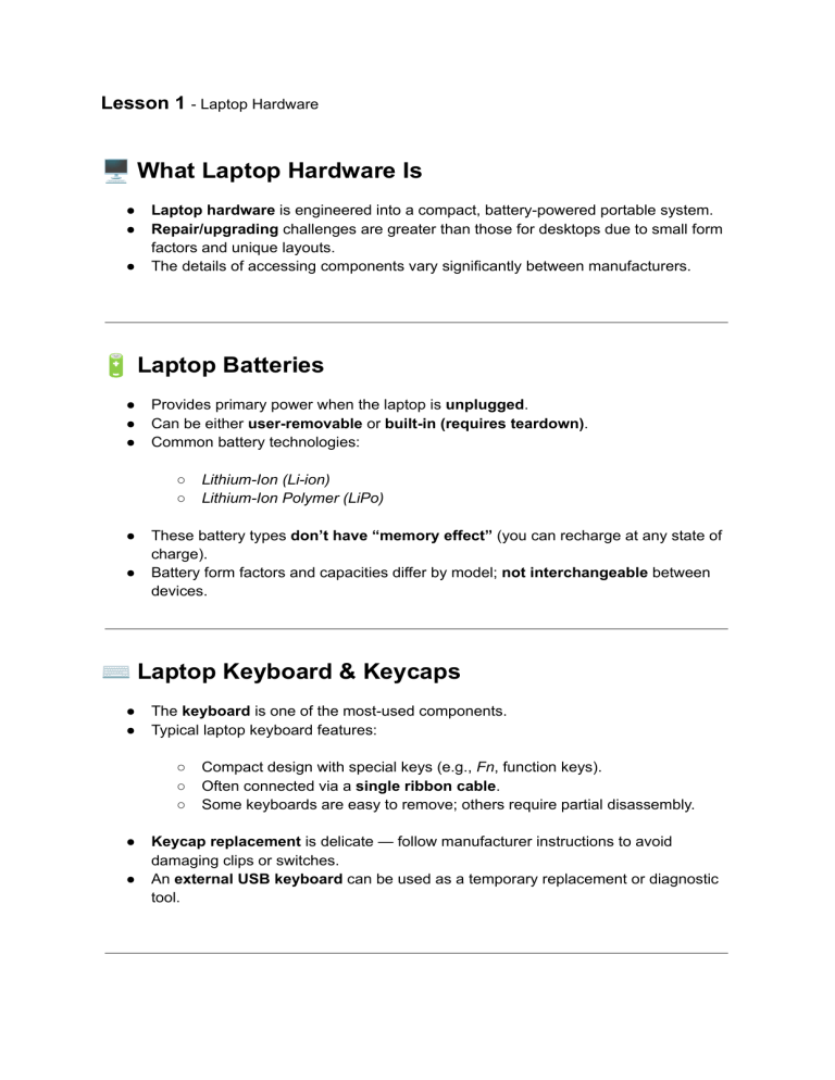 Lesson 1: Laptop Hardware Basics