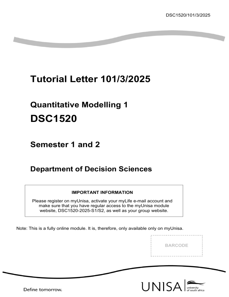 Unisa DSC1520 Tutorial Letter 2025: Quantitative Modelling 1