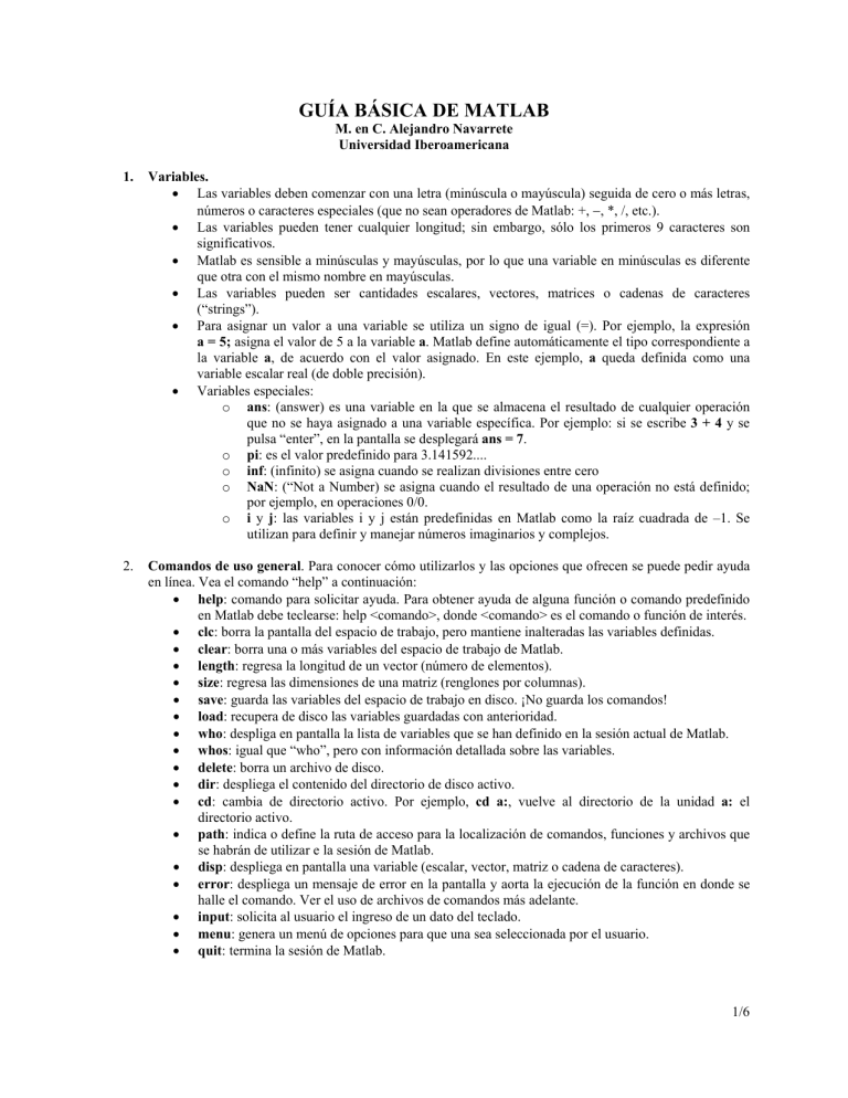 Guía Básica de MATLAB: Variables y Comandos