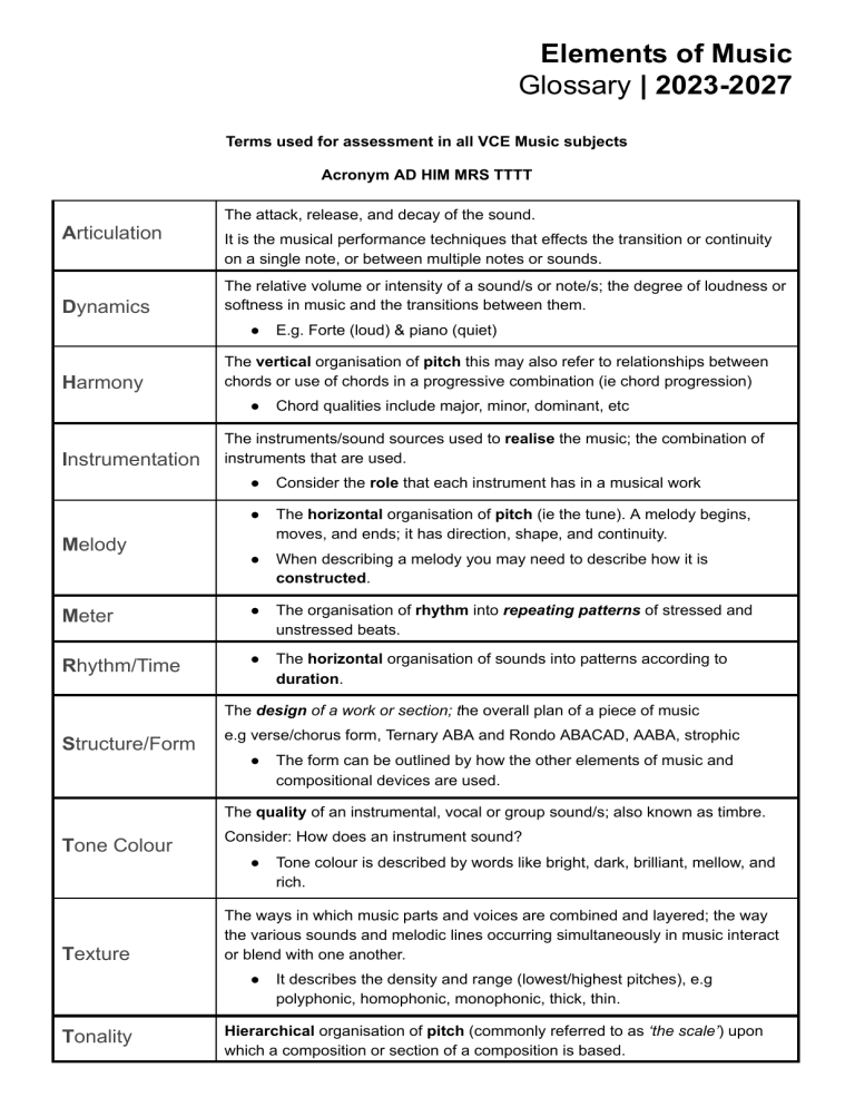 Elements of Music Glossary 2023-2027